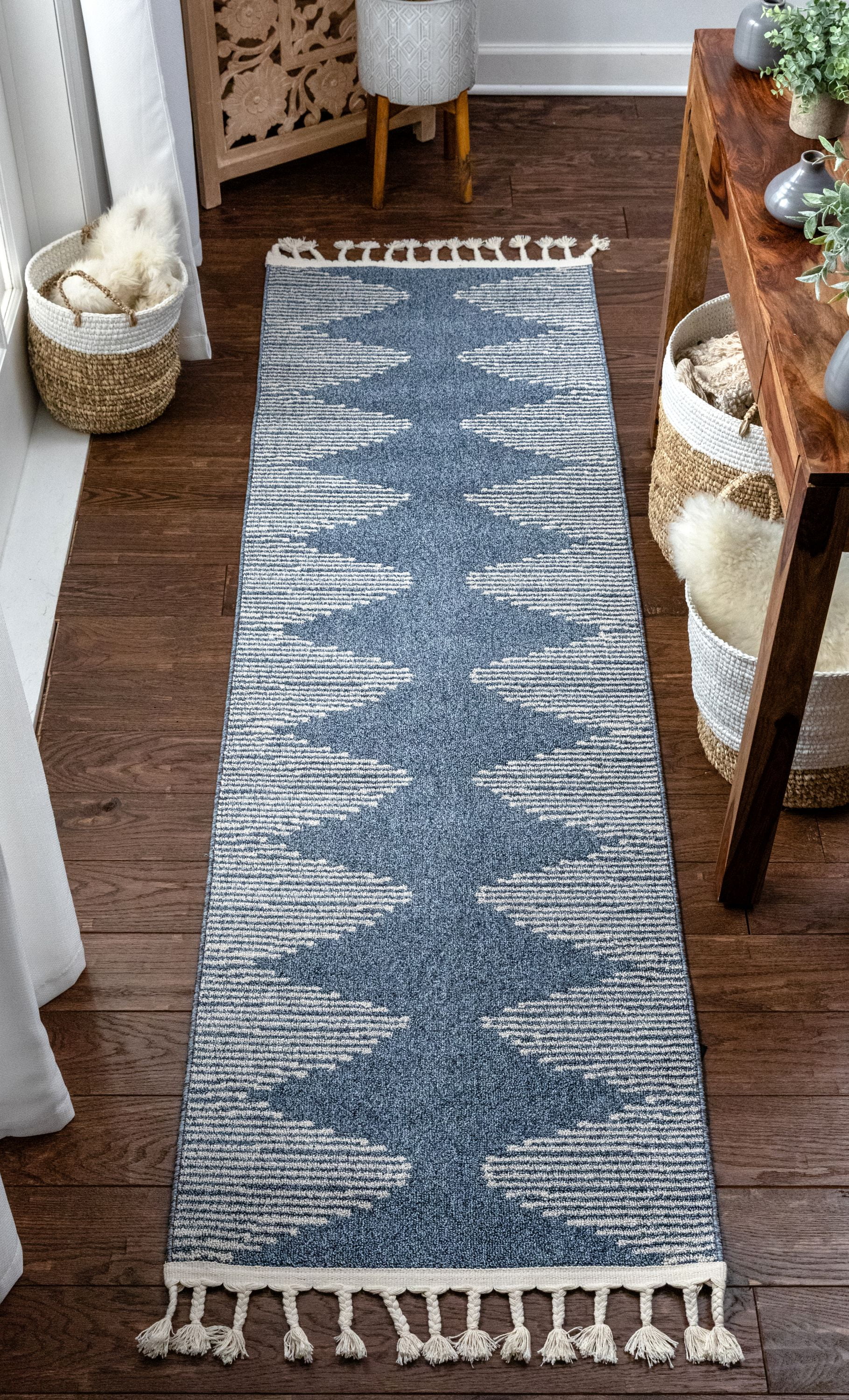 Well Woven Loop-De-Loop Zipped Denim Blue Tribal Aztec Geometric 2'3" x ...