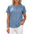 Back Gathered Pleat Linen Blouse Round Neck Full Button Short Sleeve ...