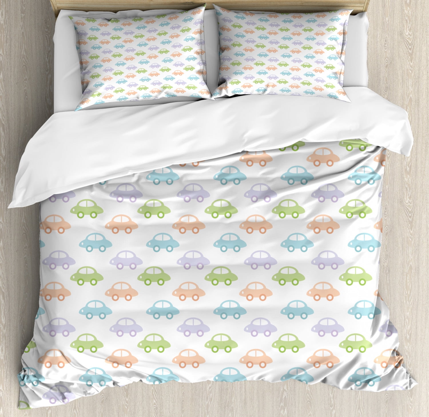 Cars King Size Duvet Cover Set, Simple Automobiles in Pastel Colors ...