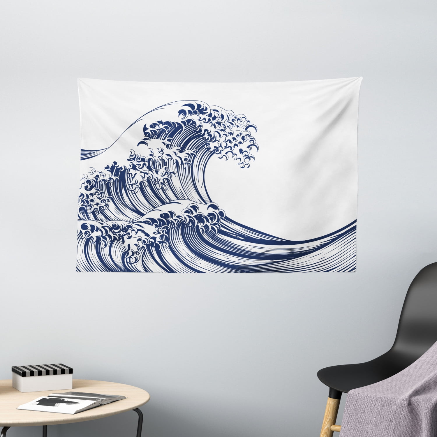 Japanese Wave Tapestry, Oriental Vintage Great Wave Monochrome Kanagawa ...