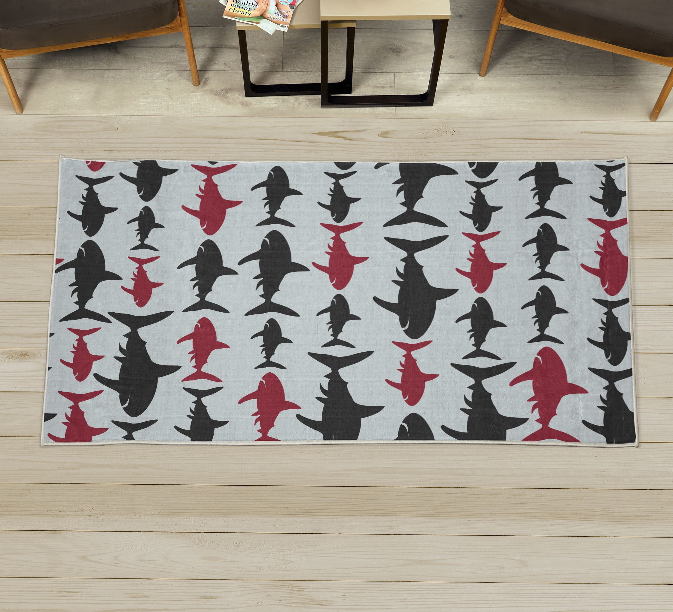 Sea Animals Decorative Rug, Monochrome Shark Illustration Fashion ...