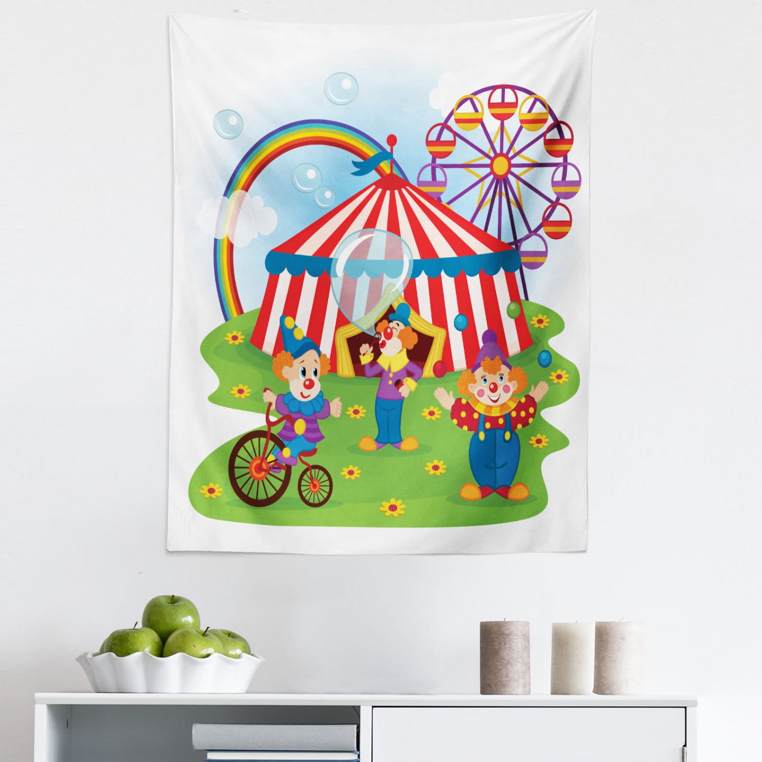 Vintage Tapestry, Circus Scene with Clowns on Grass Rainbow Ferris ...