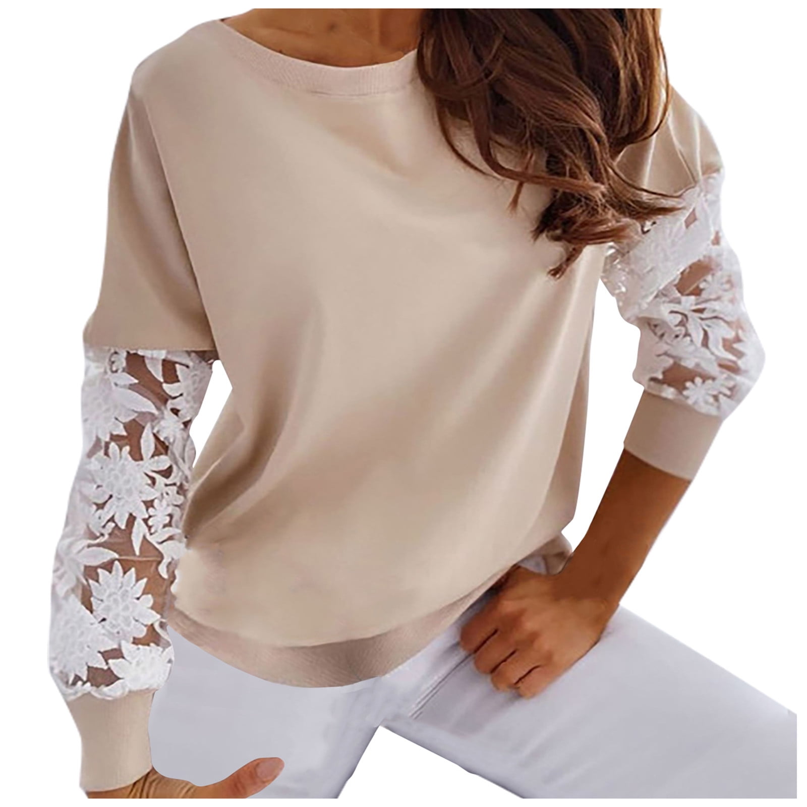 Jersey de cuello redondo para mujer, con empalme de encaje, manga larga, informal, a la moda ...