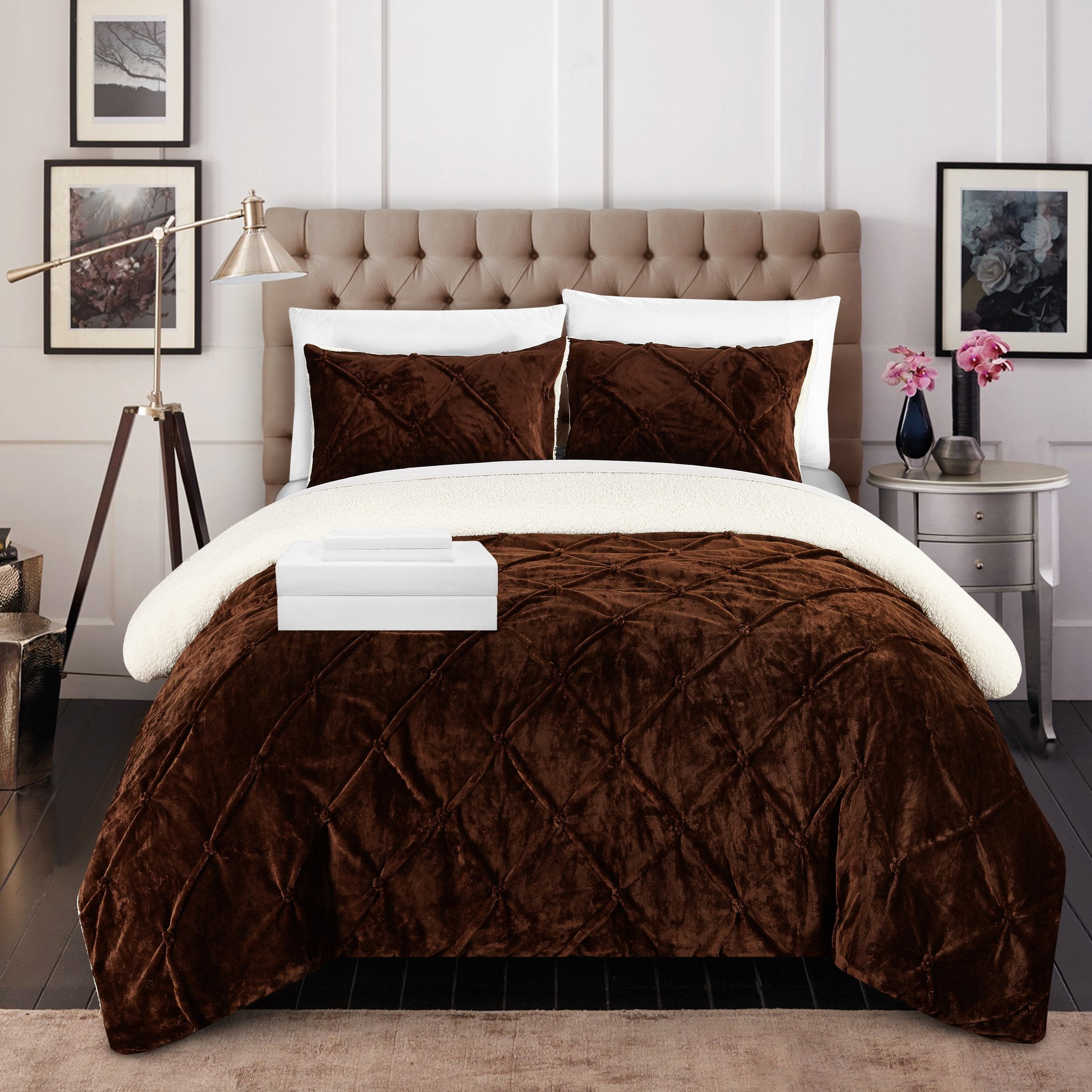 Roald 7 Piece Comforter Ultra Plush Micro Mink Pinch Pleated Ruffled ...