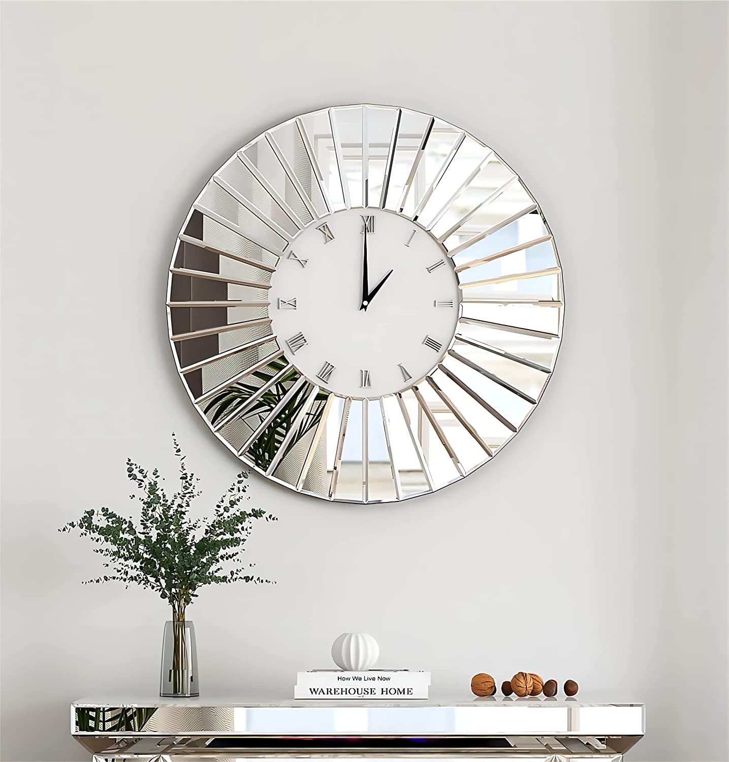 SHYFOY Mirror Glass Wall Clock - 24in Round Silver Glass Finish ...