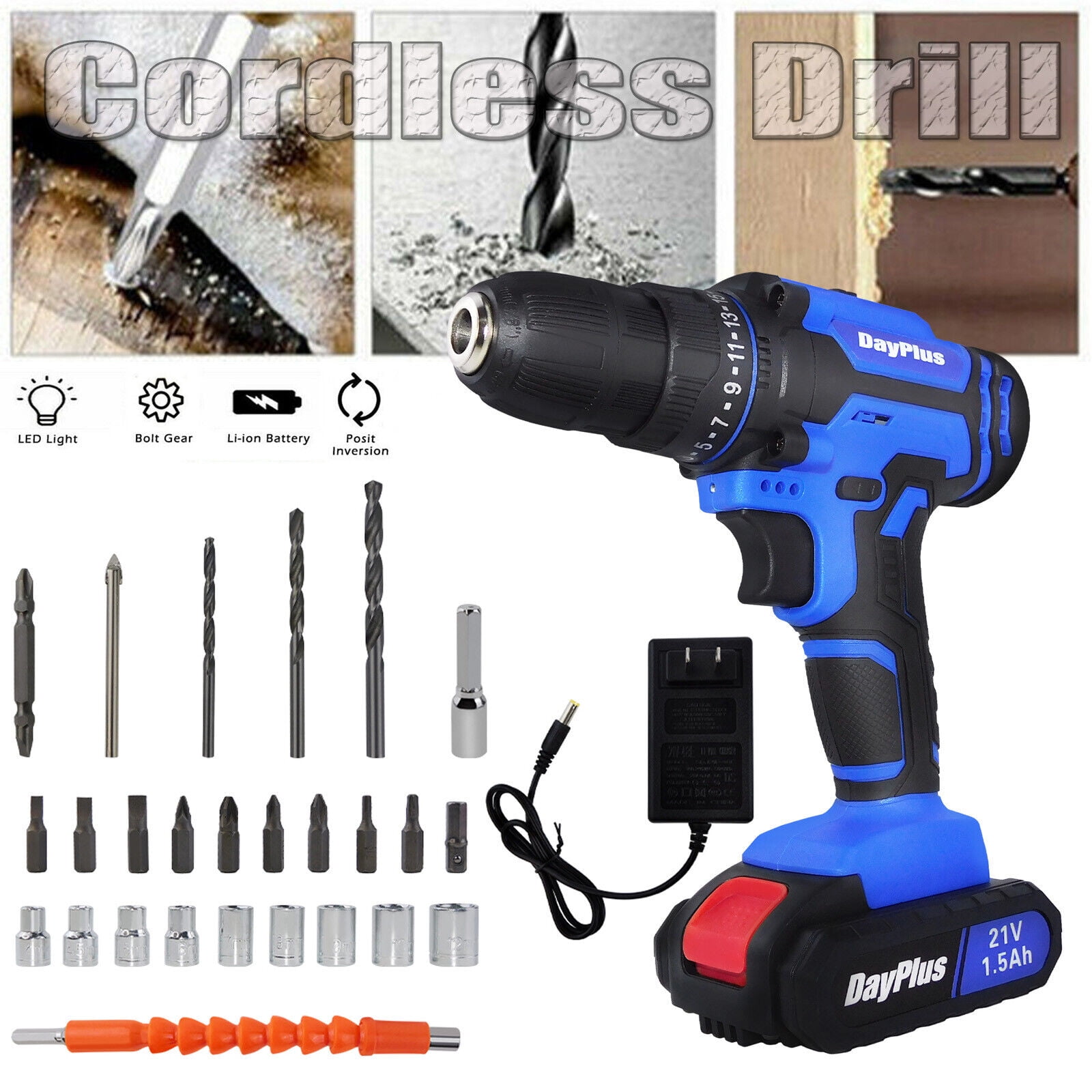 Dayplus 21V Power Drill 2 Speed Electric Cordless Drill Driver with ...