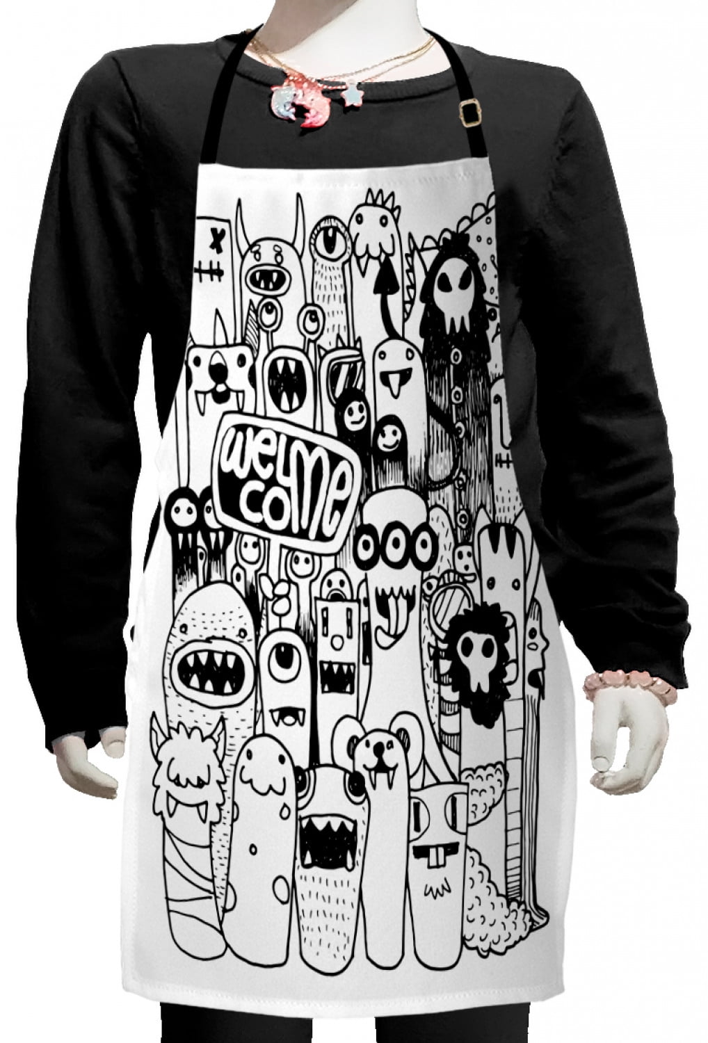 Indie Kids Apron, Hand Drawn Doodle Style Cartoon Monsters Welcoming ...