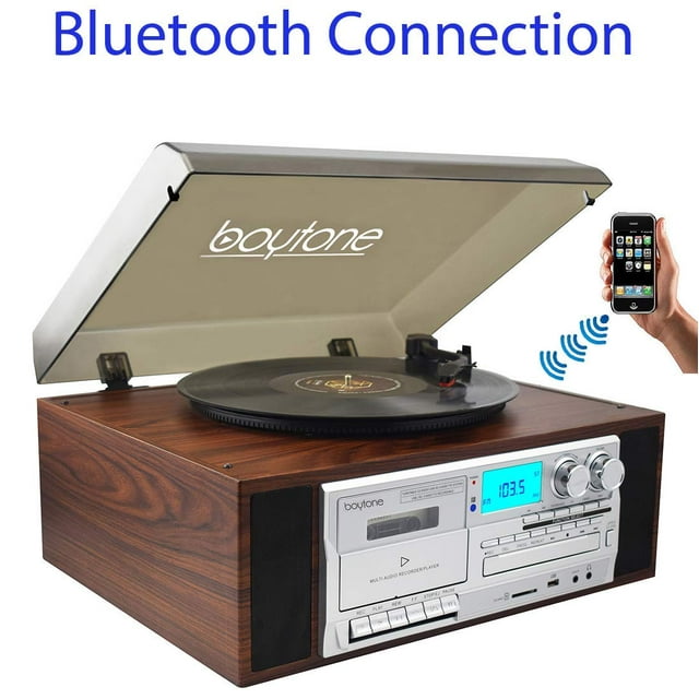Boytone BT-38SM Bluetooth Classic Turntable Record Player System, AM/FM ...
