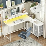 White L-Shaped Gaming Desk with LED Lights, Charging Ports, Drawers ...