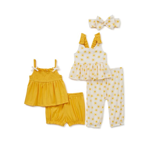 Wonder Nation Baby Girls' Tank Top, Tunic Top, Shorts, Pants and Headband Outfit Set, 5-Piece ...