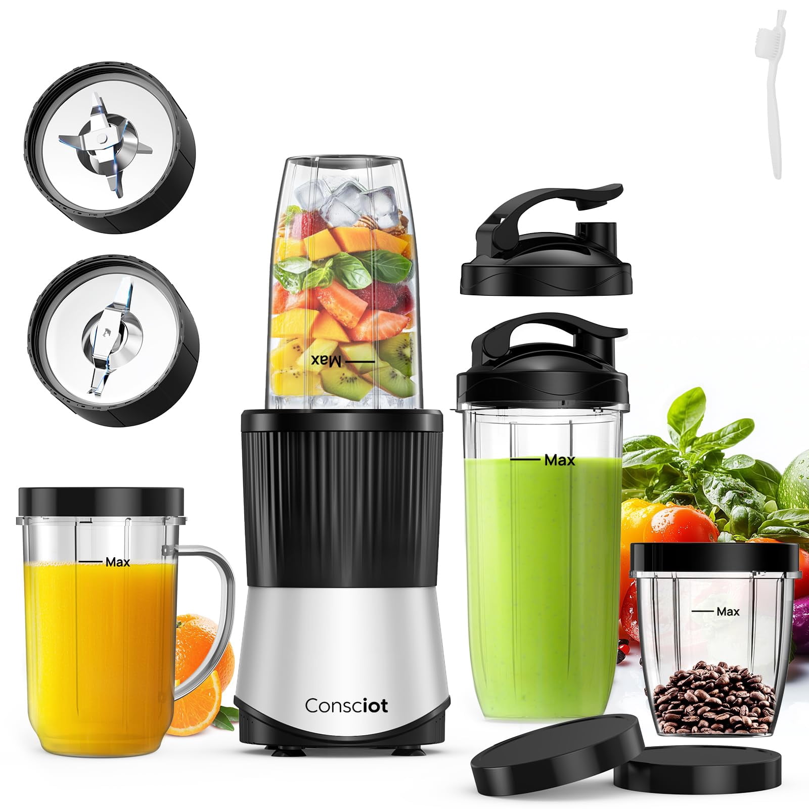 Combo de licuadora y molinillo Consciot CB08 900 W, 16 piezas con tazas ...