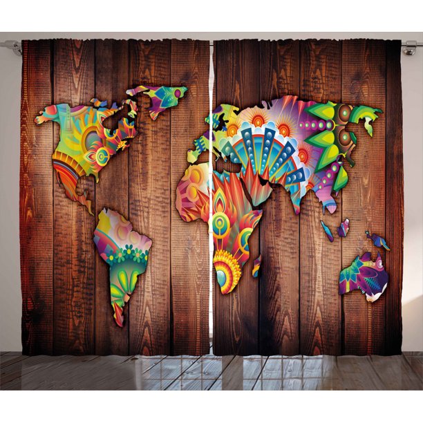 Bohemian Curtains 2 Panels Set, World Map on Wooden Rustic Planks ...