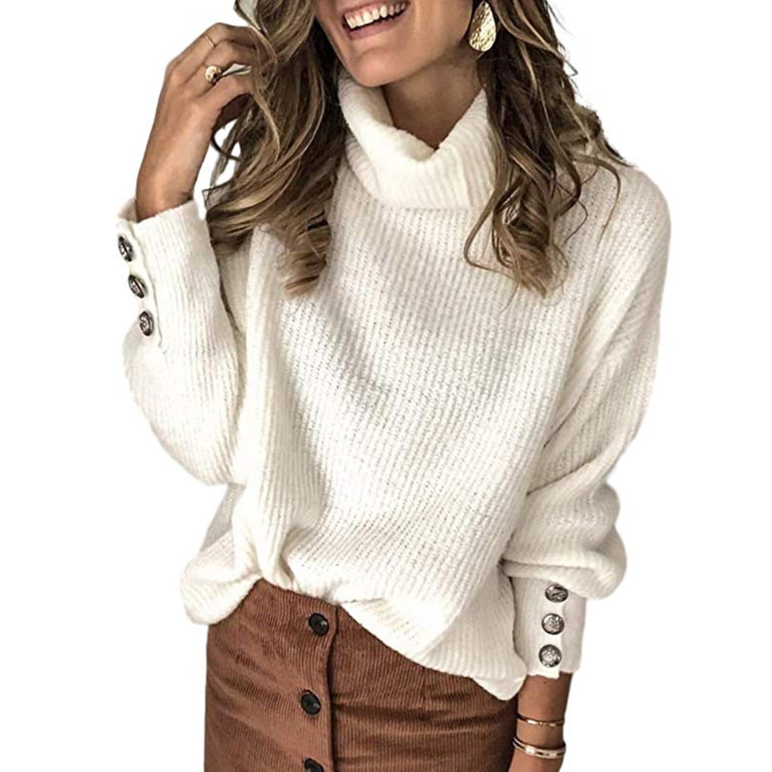 Ichuanyi Solid High Neck Sweaters for Women's Casual Long Sleeve Knit ...