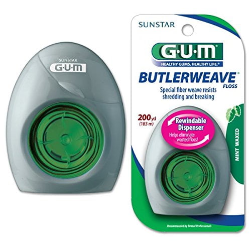GUM ButlerWeave Waxed Dental Floss, Rewindable Dispenser, Mint, 200 ...