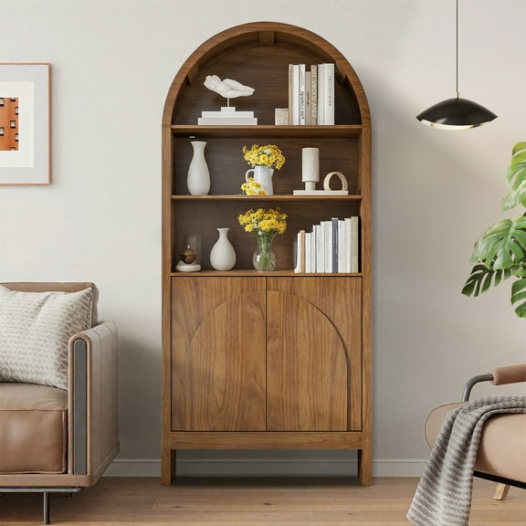 71" Tall Arched Bookshelf, 3 Tier Wooden Bookcase with Open Shelves ...