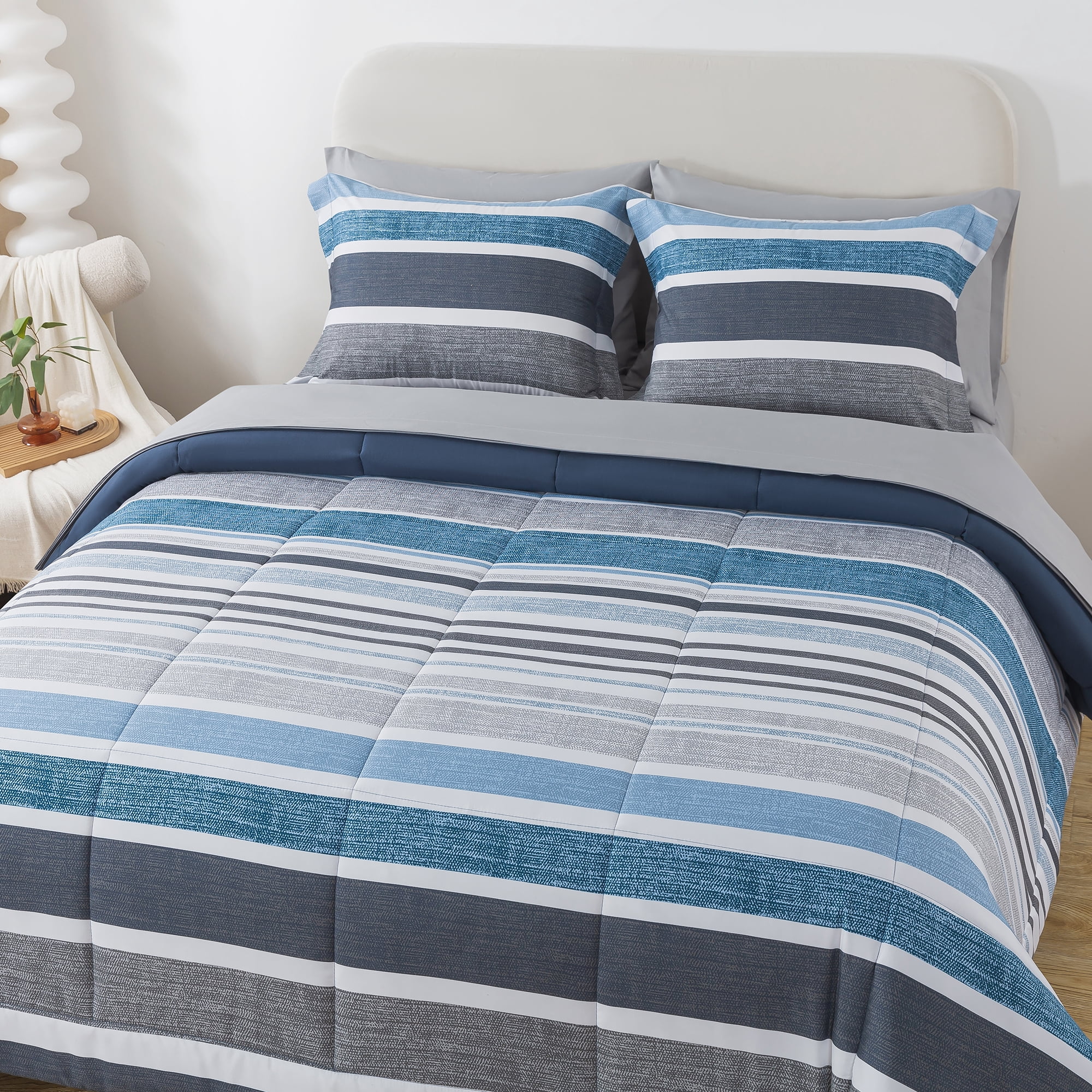 Click here for Mainstays 7-Piece Blue Stripe Bed In A Bag  King prices
