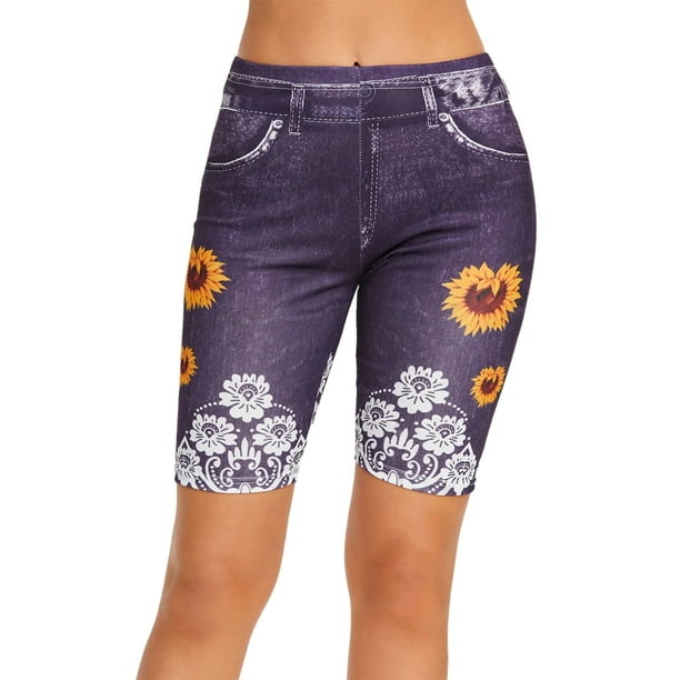 MAWCLOS Ladies Fake Jeans Tummy Control Faux Denim Shorts Butt Lifting ...