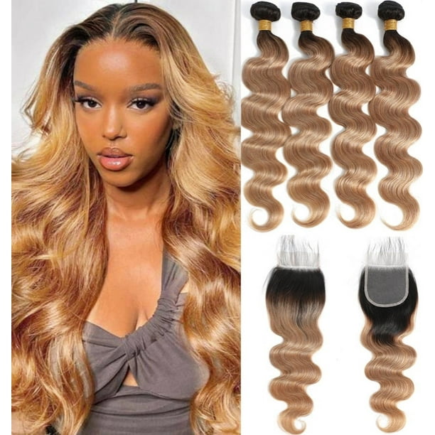 Mechones ondulados con cierre Color degradado 1B/27 mechones rubios con ...