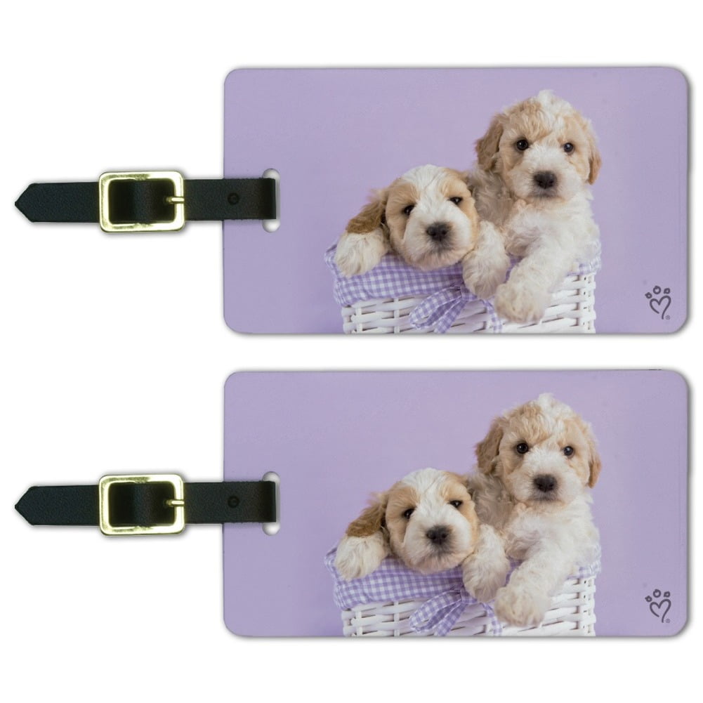 Spoodle Cockapoo Puppies Dogs Wicker Basket Luggage ID Tags Suitcase ...