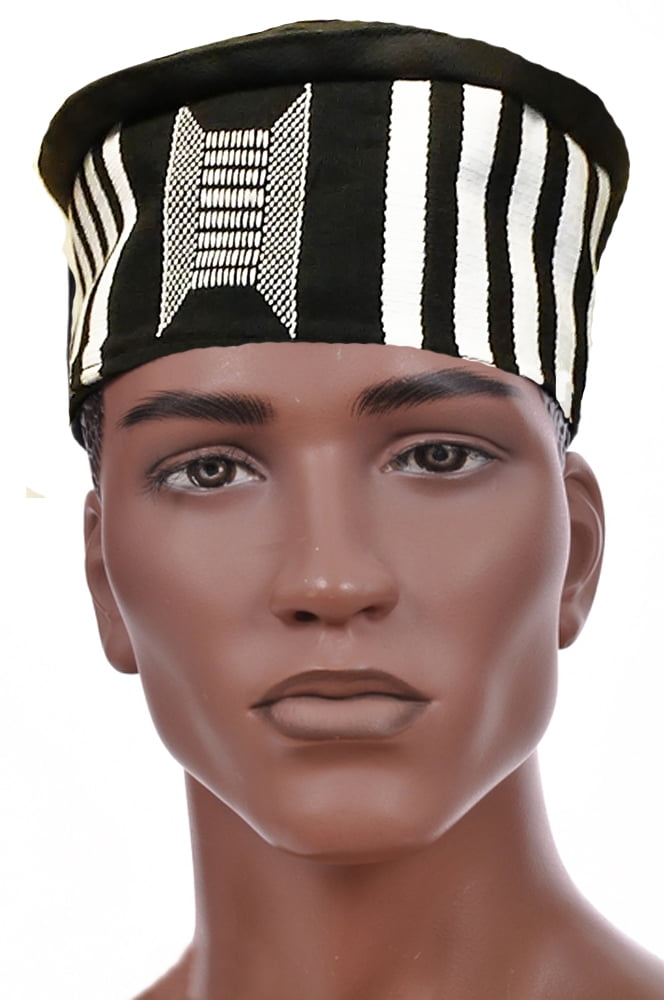 Black and White African Hand Woven Kente Kufi Hat with Faux Leather ...