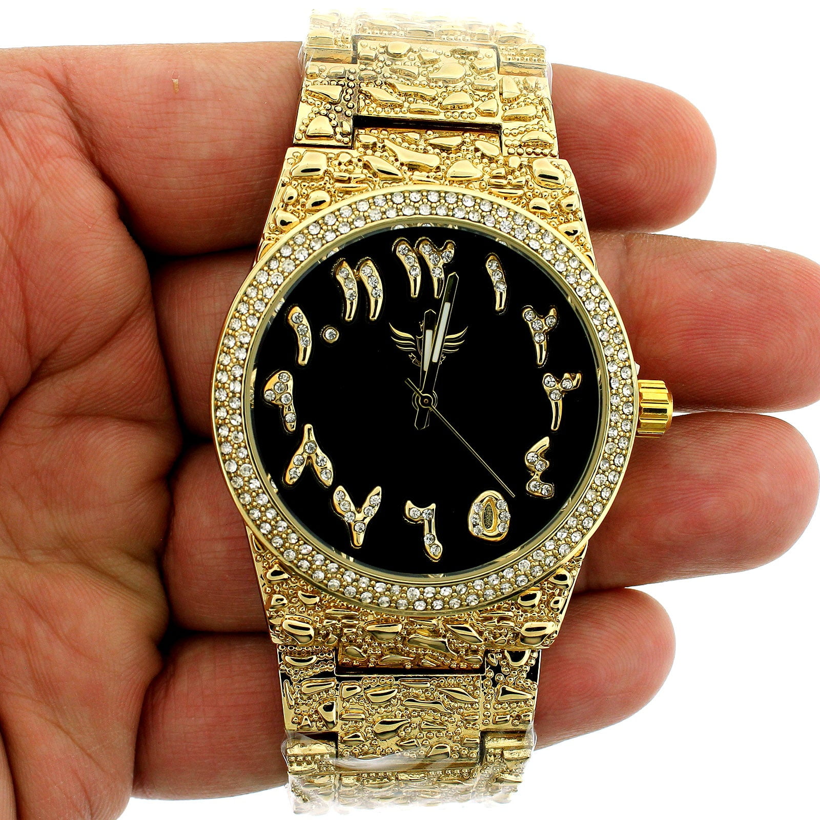 14K Gold Plated Nugget Watch Real Mens Iced CZ Hip Hop Black Arabic ...