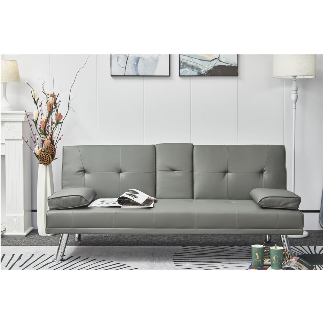 Modern Convertible Sofa Bed with 2 Cup Holders, PU Leather Upholstered ...