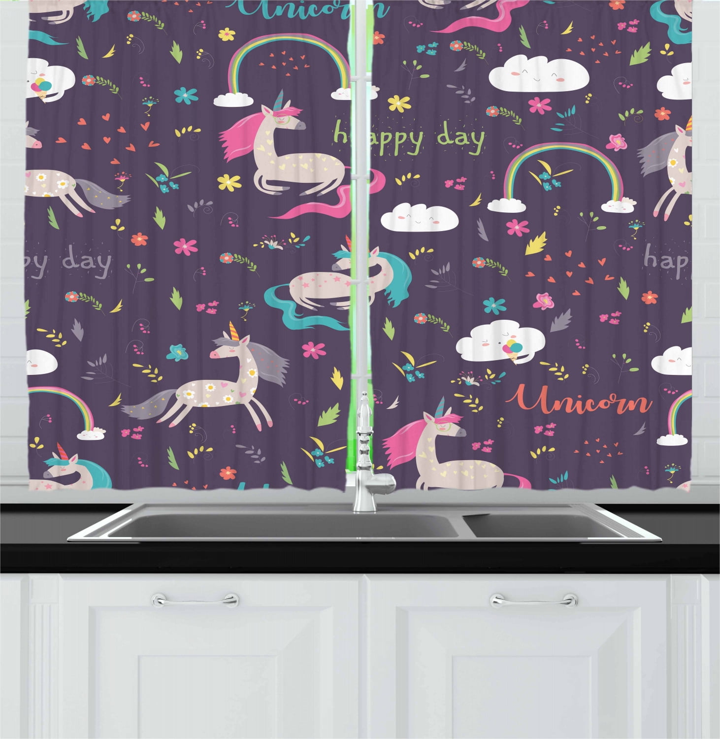 Kids Girls Curtains 2 Panels Set, Pastel Rainbow with Unicorns Dream ...