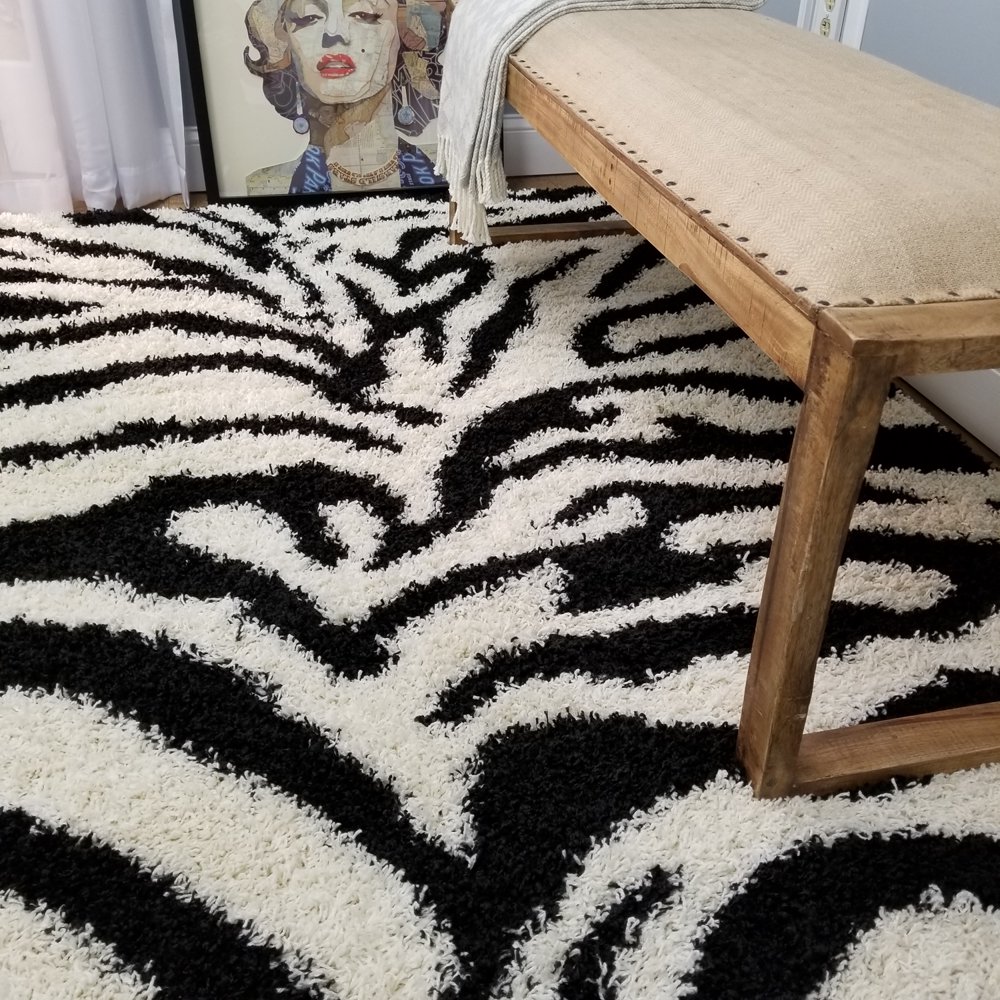 Maxy Home Bella Zebra 6 ft. 7 in. x 9 ft. 3 in. Shag Area Rug - Walmart ...