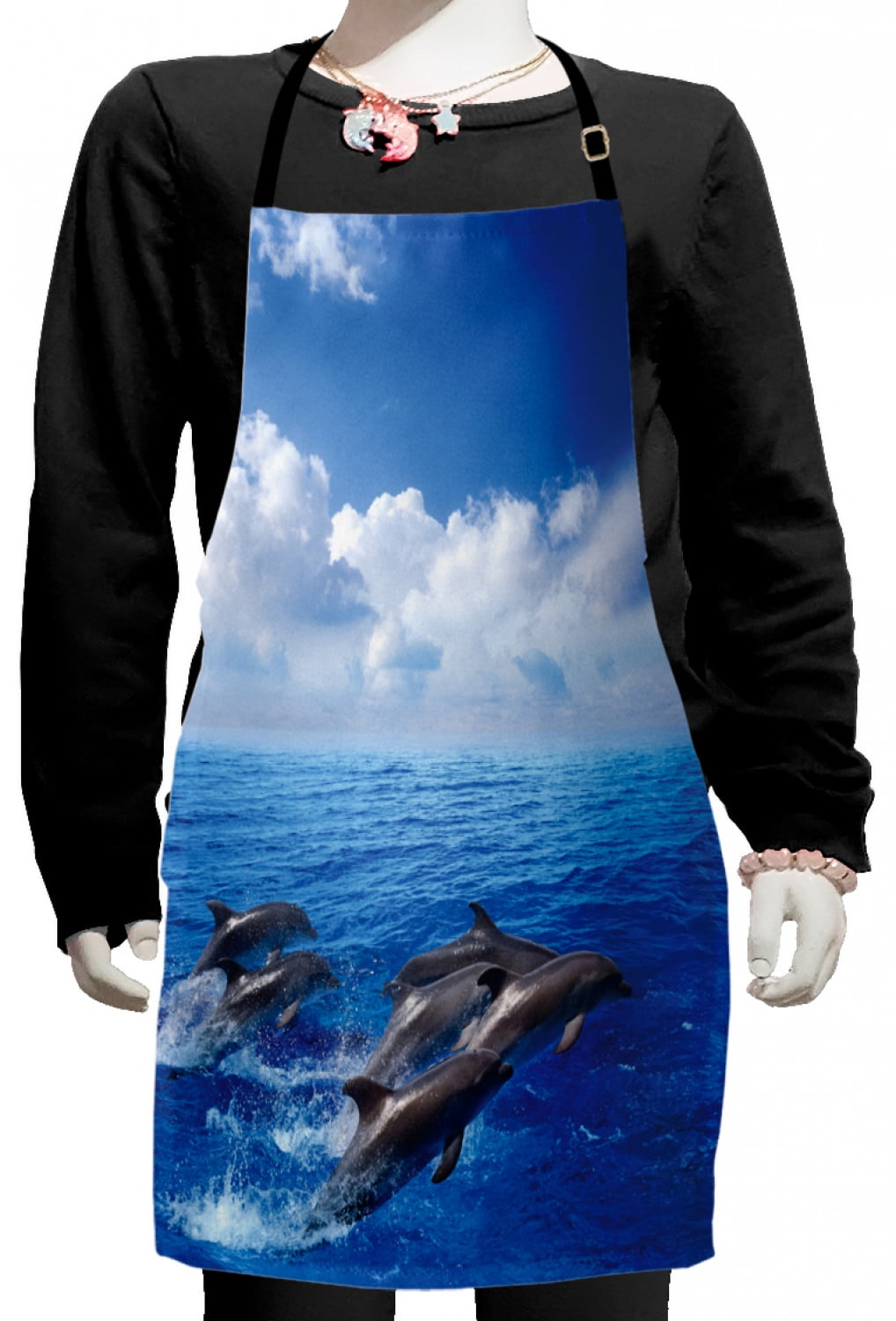 Sea Animals Kids Apron, Dolphins Jumping in Clear Sea and Fluffy Clouds ...