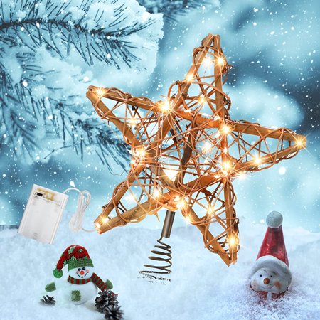 Rattan Star Christmas Tree Topper, Battery Powered 50 LED Lighted ...