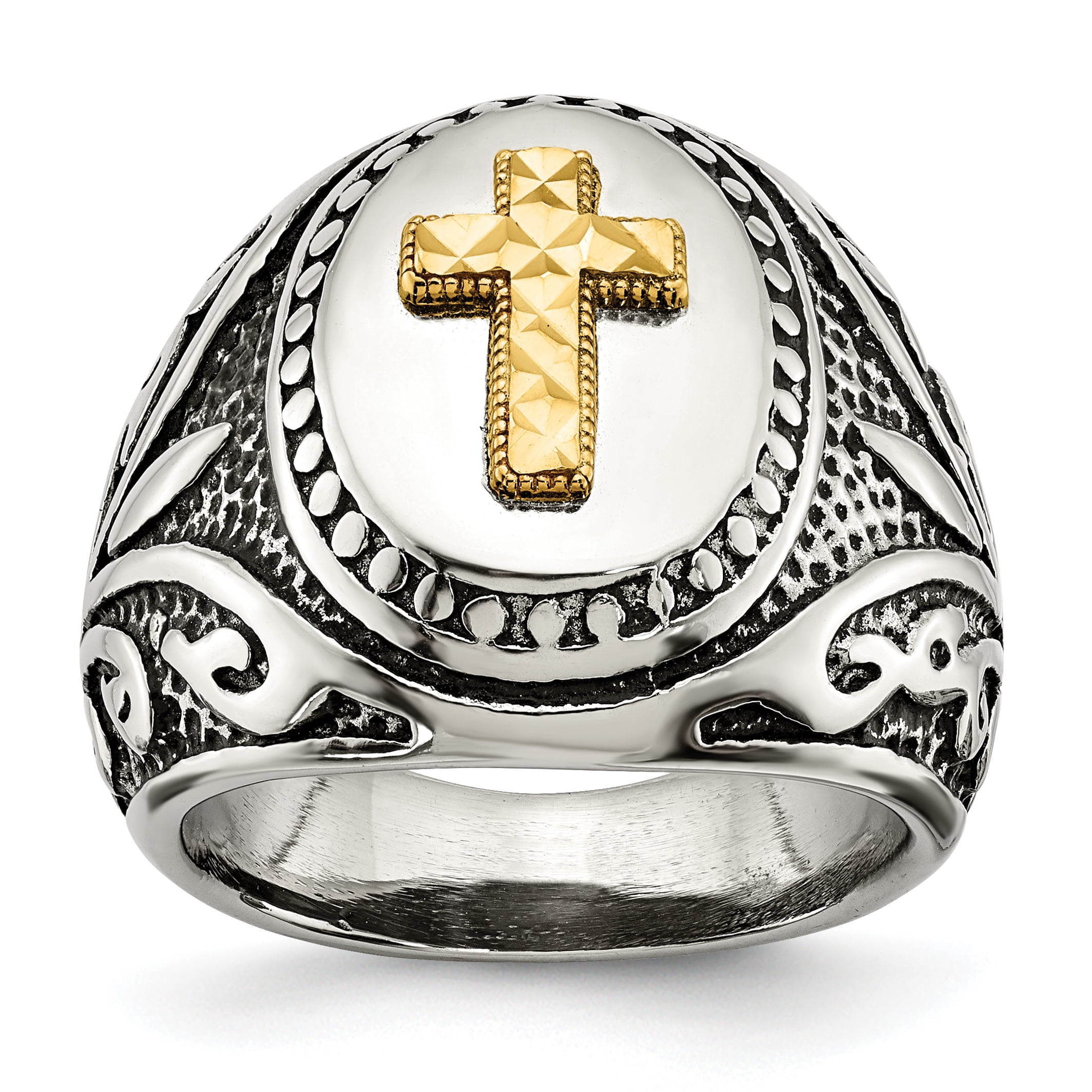 14K Gold Diamond Cut Cross on Stainless Steel Antique Style Oval Signet ...
