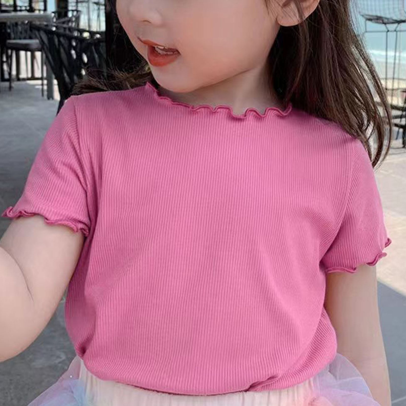 Aherbiu Girls T Shirts Ruffle Short Sleeve Tops Cotton Soft Tee Tops Crewneck Casual Solid Color Tshirts 1-9 Years