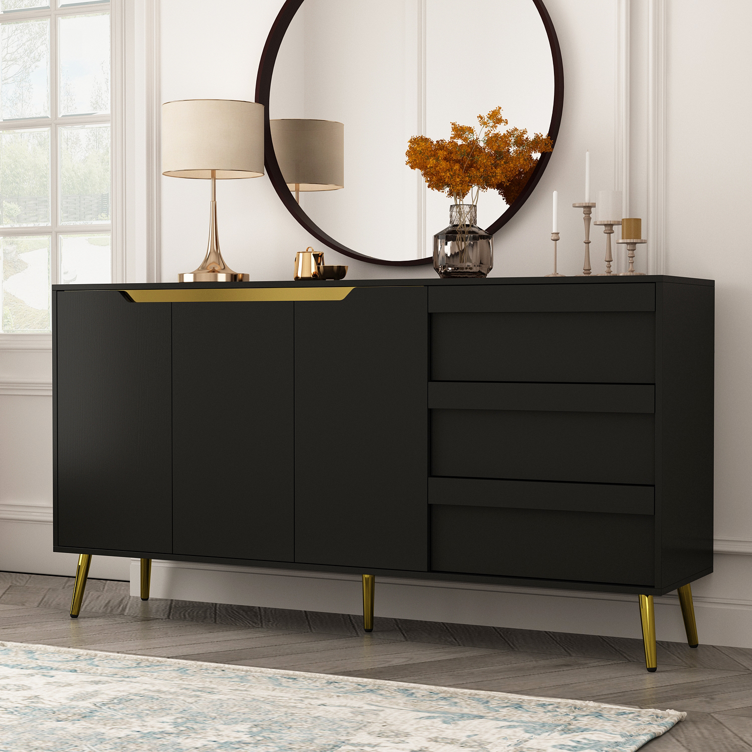 Hitow Sideboard Buffet Cabinet with 3 Drawers & 2 Doors, Accent Cabinet ...