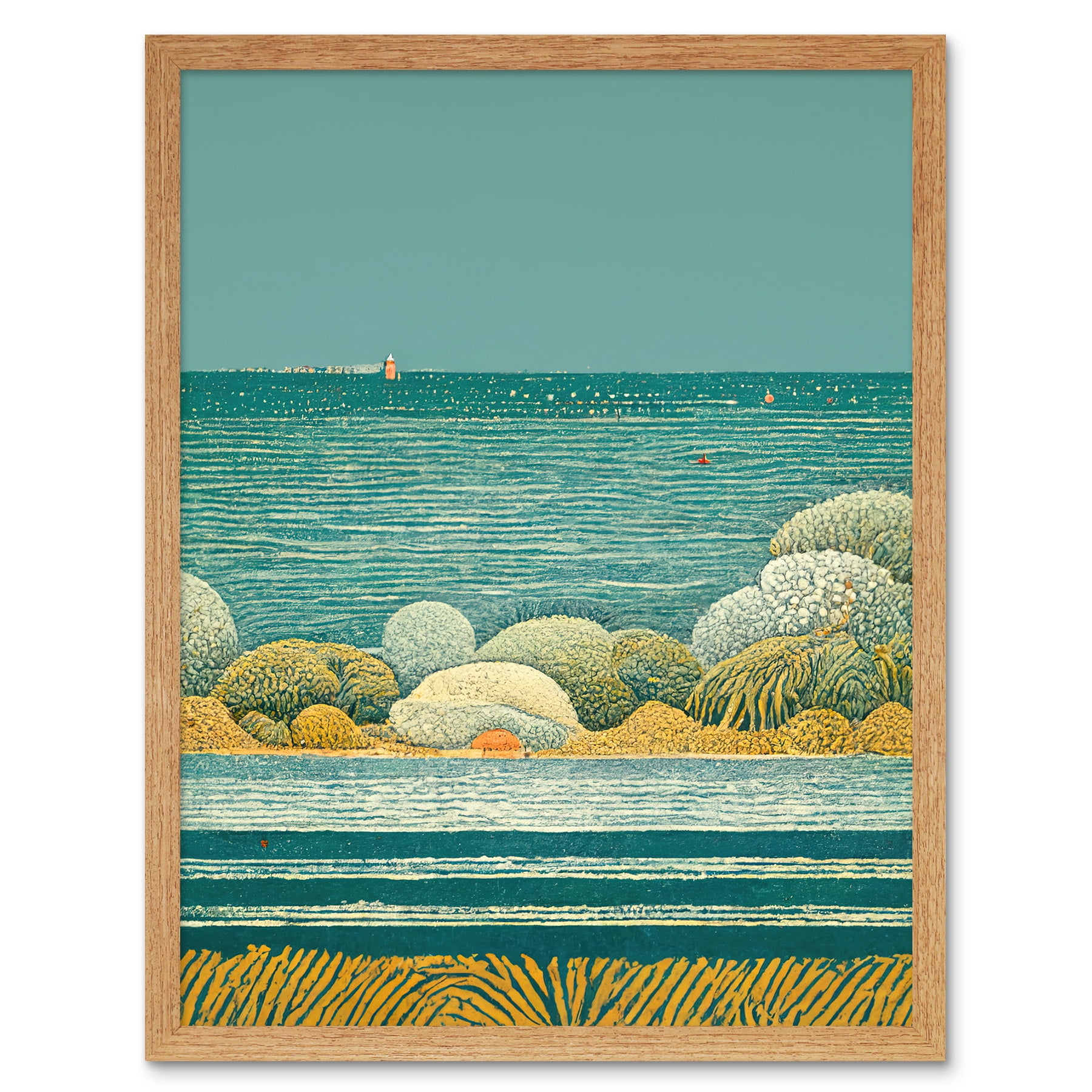 Modern Quirky Beach Scene Ocean View Lighthouse Art Print Framed Poster ...