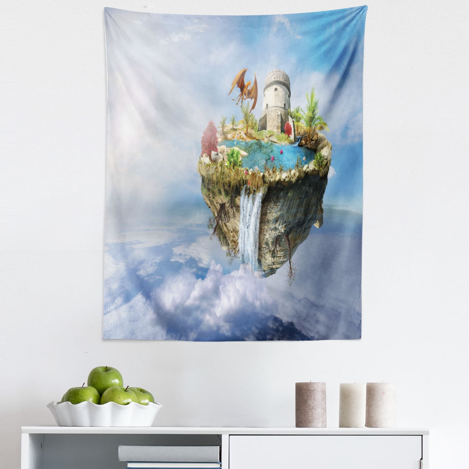 Fantasy Tapestry, Island with Dragon Castle Tower Waterfall and Flipped ...