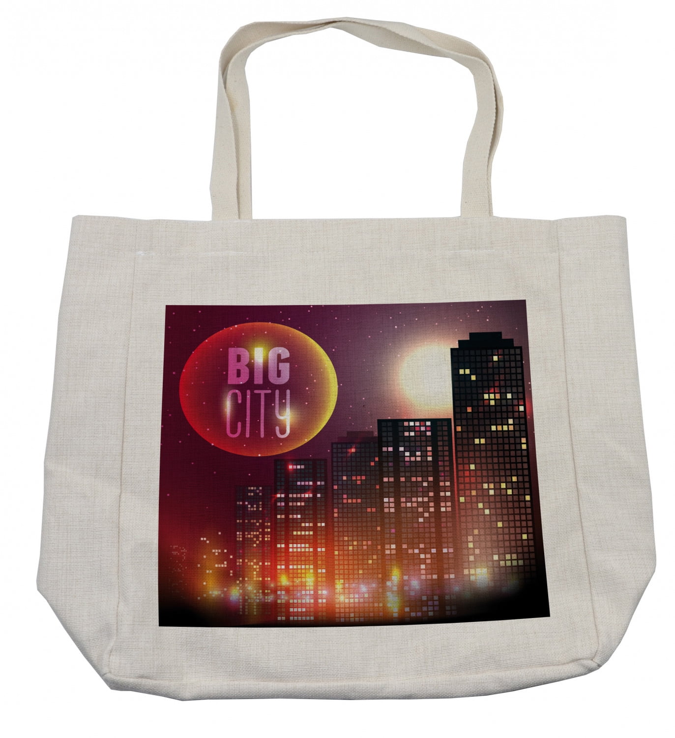 Modern Shopping Bag, Big City Theme Urban Skyline Night Scene Full Moon ...