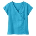 Womens Cotton Linen Short Sleeve Wrap V Neck Blouse Summer Casual Loose ...