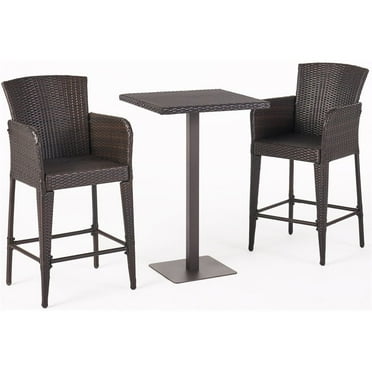 Miller Outdoor 3 Piece Wicker Bar Set with Glass Table Top, Grey ...