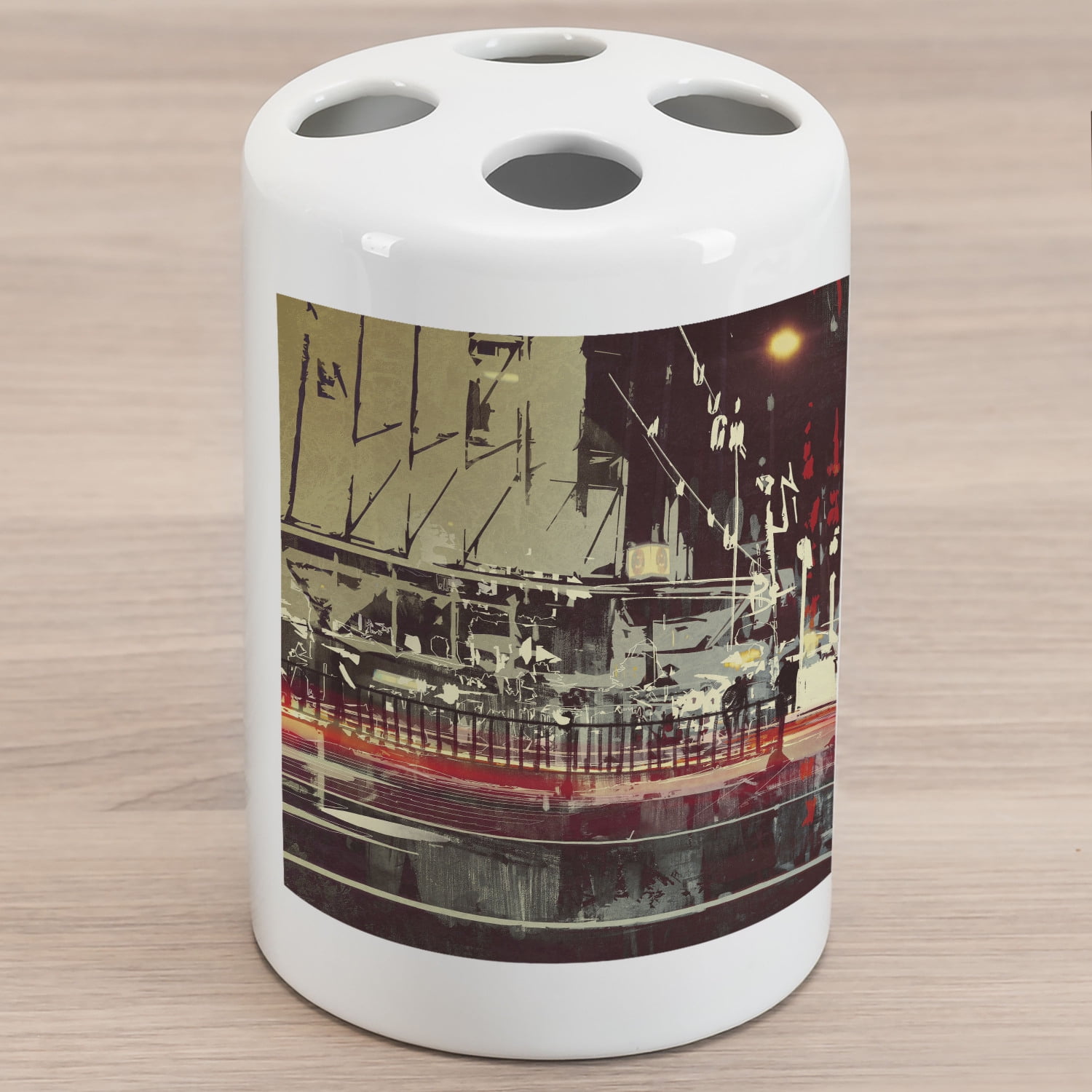 Modern Ceramic Toothbrush Holder, Urban City Streets at Gloomy Night ...