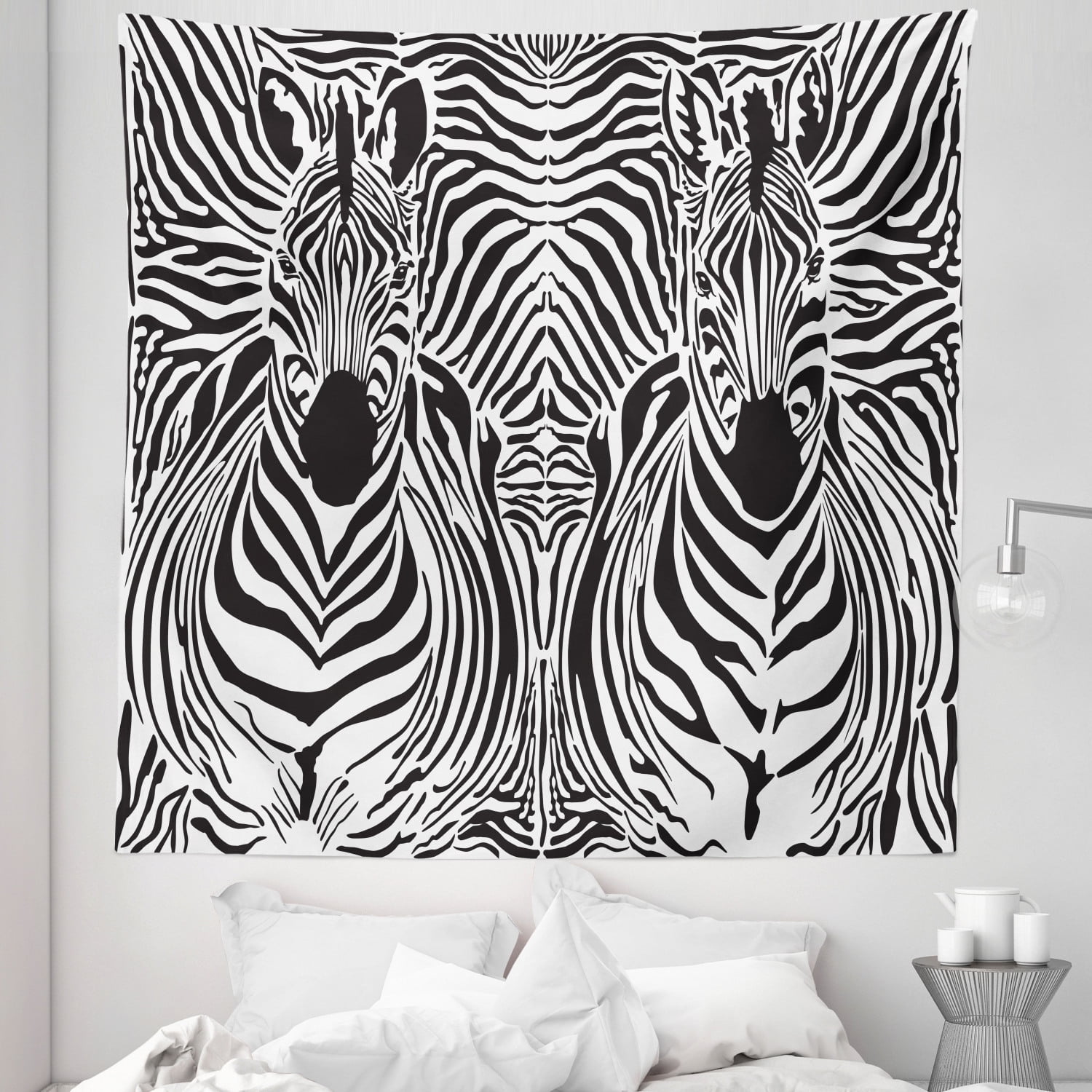 Black White Tapestry, Illustration Pattern Zebras Skins Background Blended over Zebra Body Heads ...