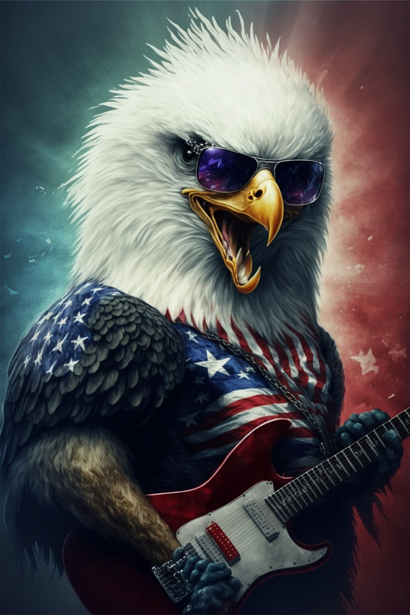 24x36 gallery poster, Bald Eagle playing electric guitar in front of ...