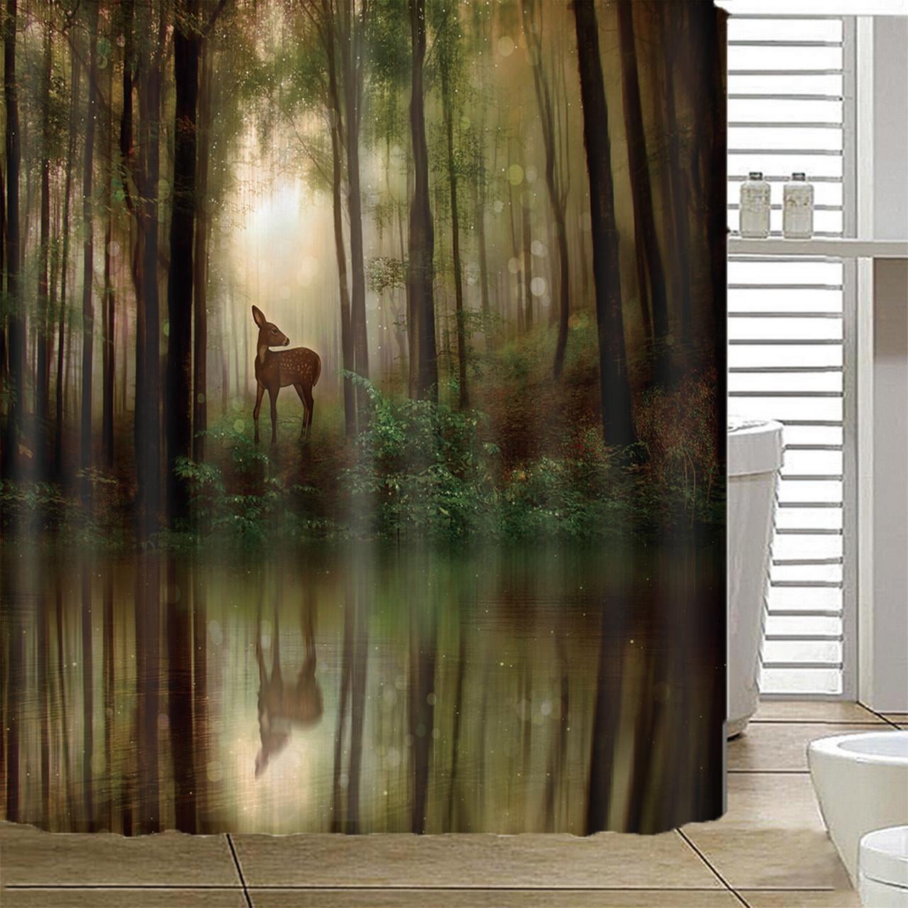 Deer Shower Curtain Set Cute Fawn Plant Wood Lake Water Tranquility ...