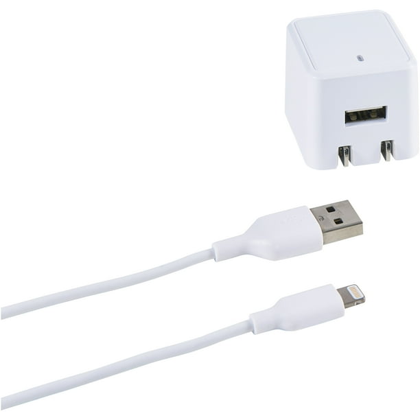 Onn 2.4A Wall Charger With Lightning Sync And Charge Cable, White, 3 ...