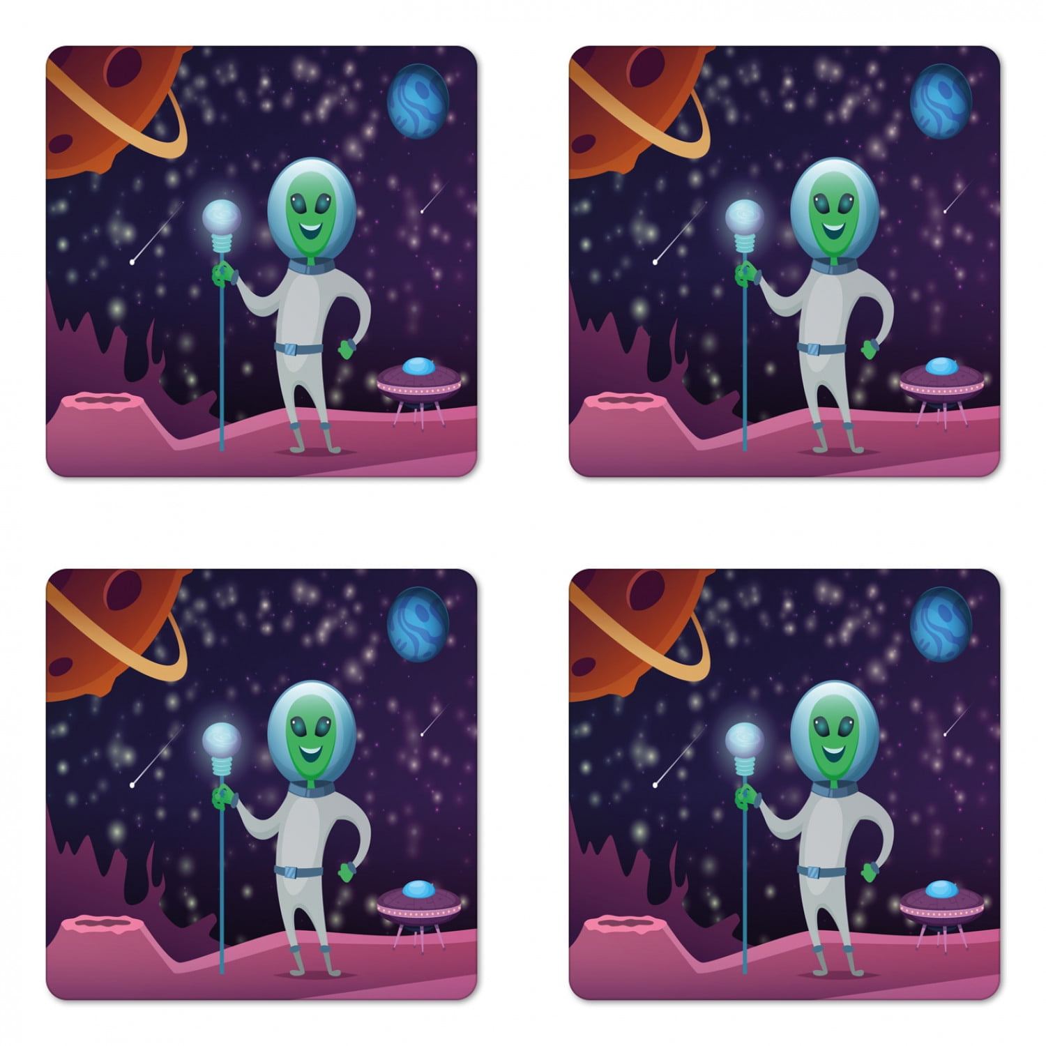 Alien Coaster Set of 4, Cosmic Space Background with Funny Character ...