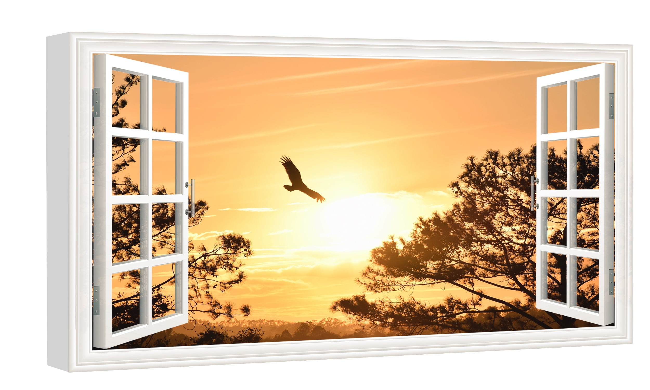 Window View of Eagle Flying Towards Sunset Canvs Art Fake Open Window ...