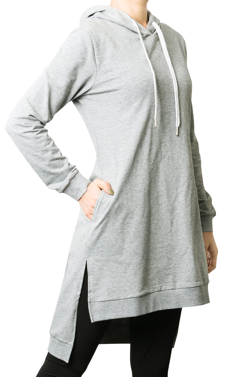 Ililily Ililily Women Longline Knit Hoodie Sweatshirt Tunic High Low