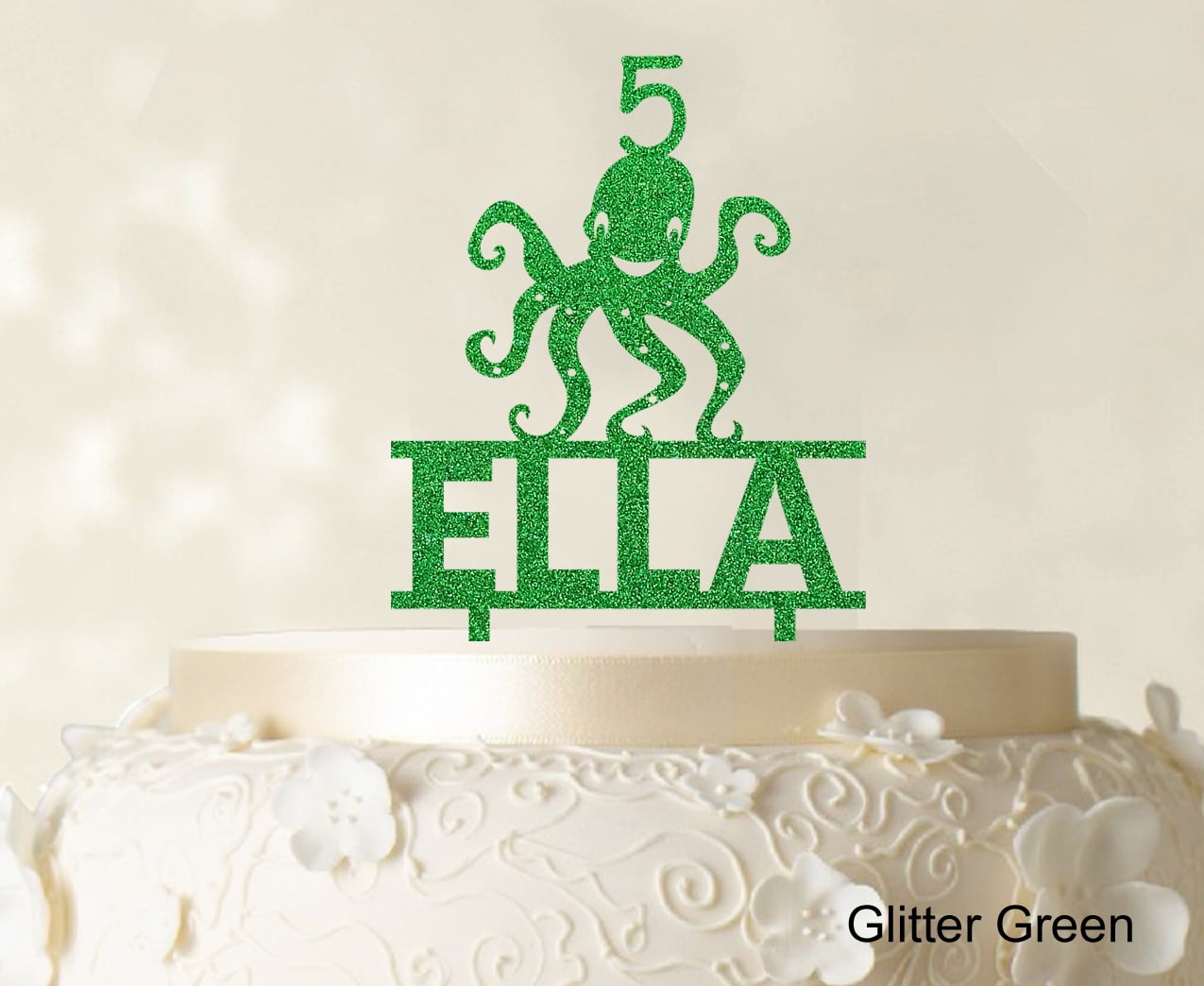 """Birthday Custom Name Cake Topper"" With Octopus Figure Glitter Cake ...