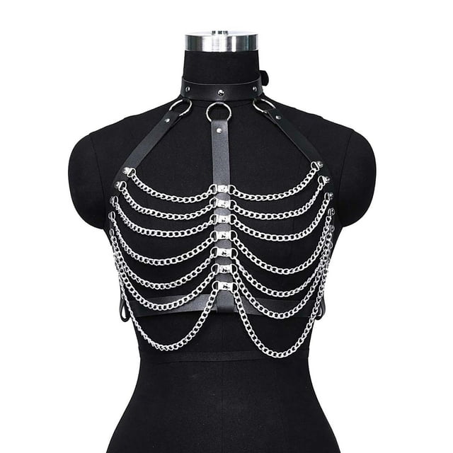 Bunblic Punk Layered Body Chain Black PU Leather Chest Chain Shoulder ...