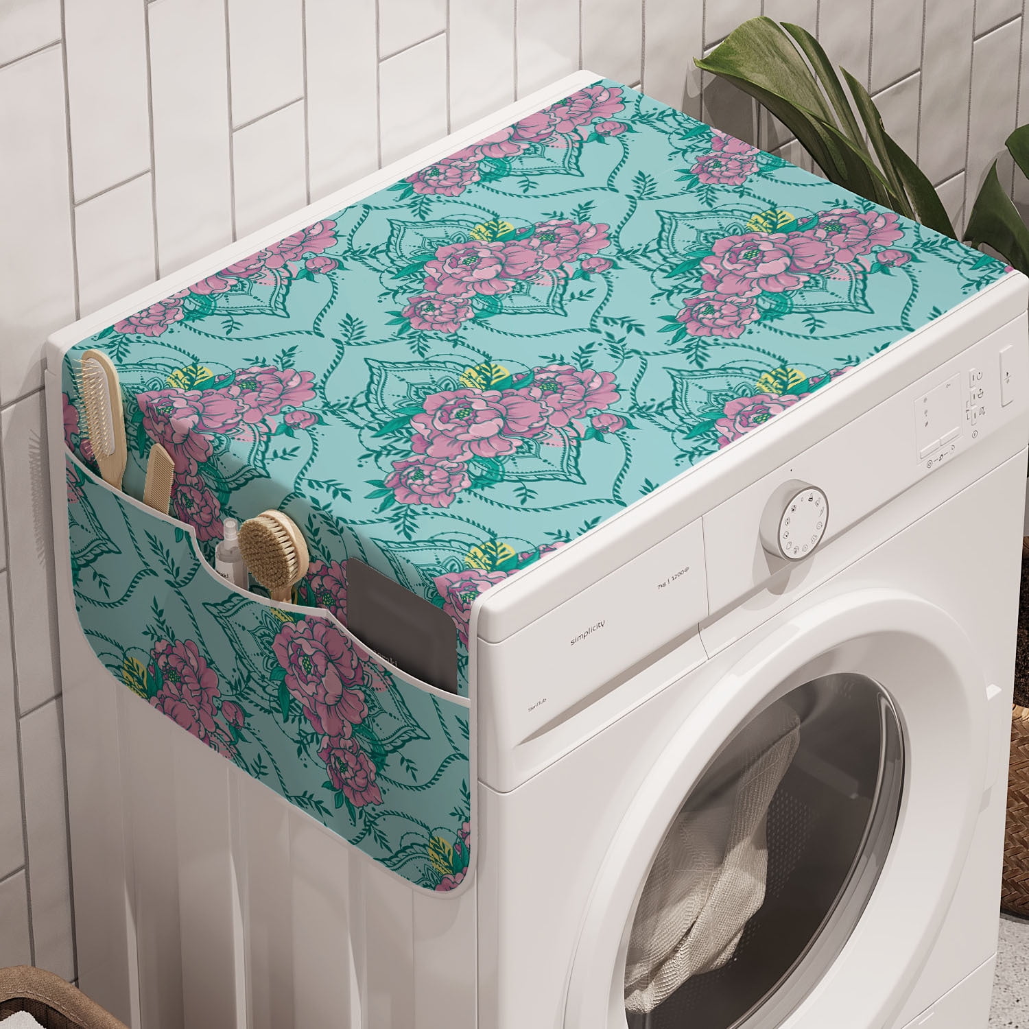 Floral Washing Machine Organizer, Composition with Peonies on a Blue ...