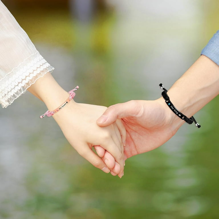 Uloveido His Queen Her King Bracelets Couples Bracelets Set Handmade Briaded Pink Black String Stainless Steel ID Plate Bracelets for Men and Women